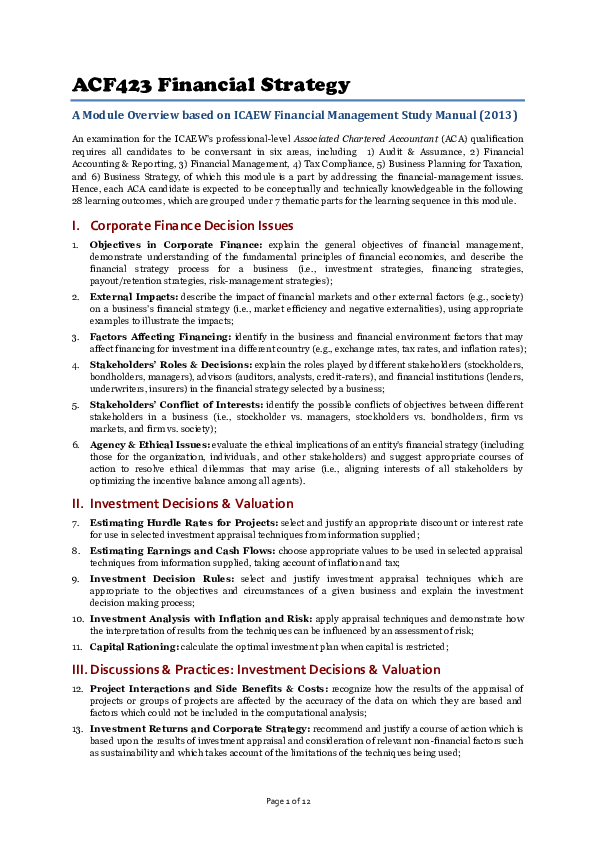 (PDF) ACF423 Financial Strategy: A Module Overview