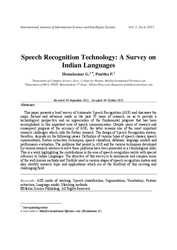 (PDF) Speech Recognition Technology: A Survey on Indian Languages