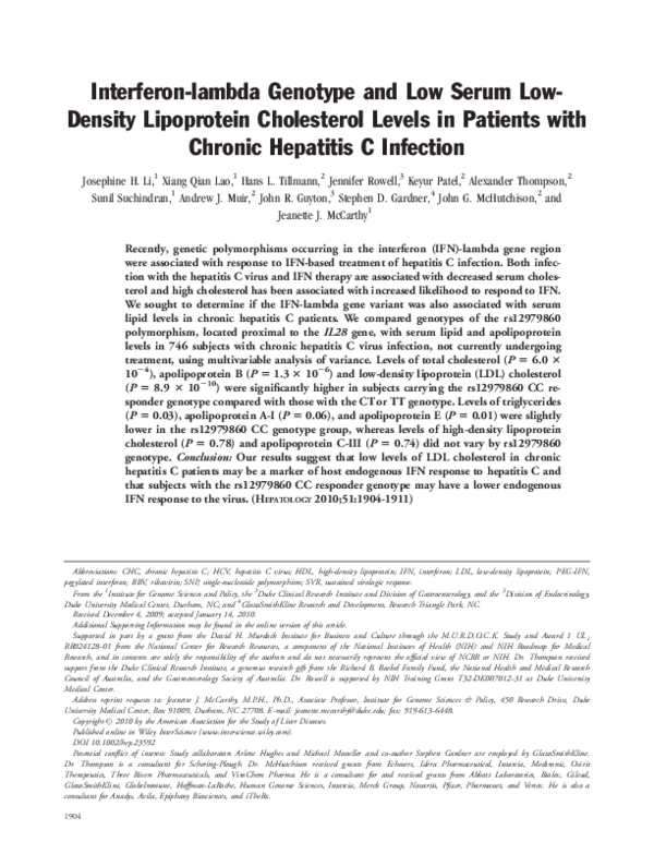 (PDF) Interferon-lambda Genotype and Low Serum Low- Density Lipoprotein Cholesterol Levels in ...
