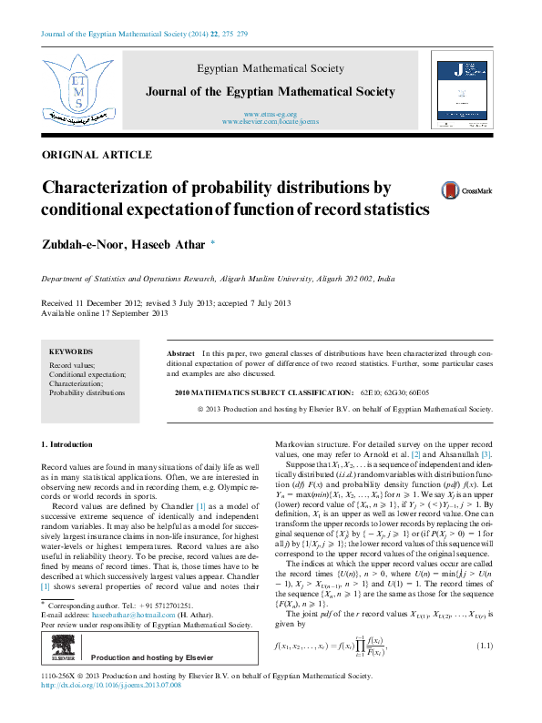 (PDF) Characterization of probability distributions by conditional expectation of function of ...