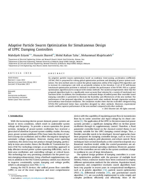 Pdf Adaptive Particle Swarm Optimization For Simultaneous Design Of