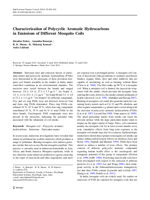 Characterization of Polycyclic Aromatic Hydrocarbons in Emissions of Different Mosquito Coils