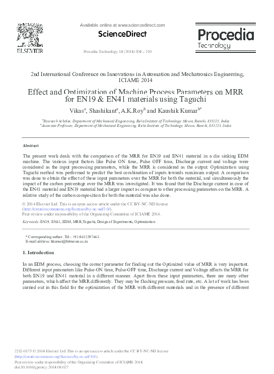 Pdf Effect And Optimization Of Machine Process Parameters On Mrr For