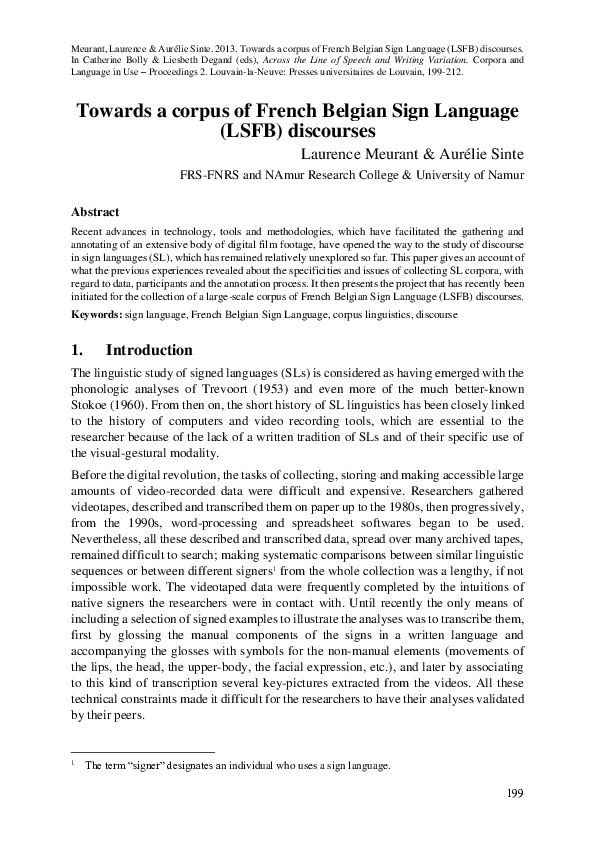 (PDF) Towards a corpus of French Belgian Sign Language (LSFB) discourses