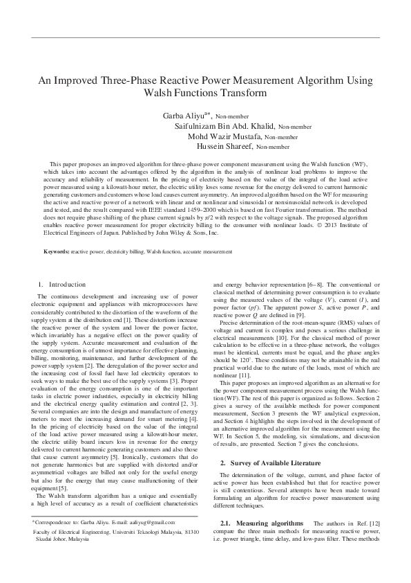 Pdf An Improved Three Phase Reactive Power Measurement Algorithm Using Walsh Functions Transform