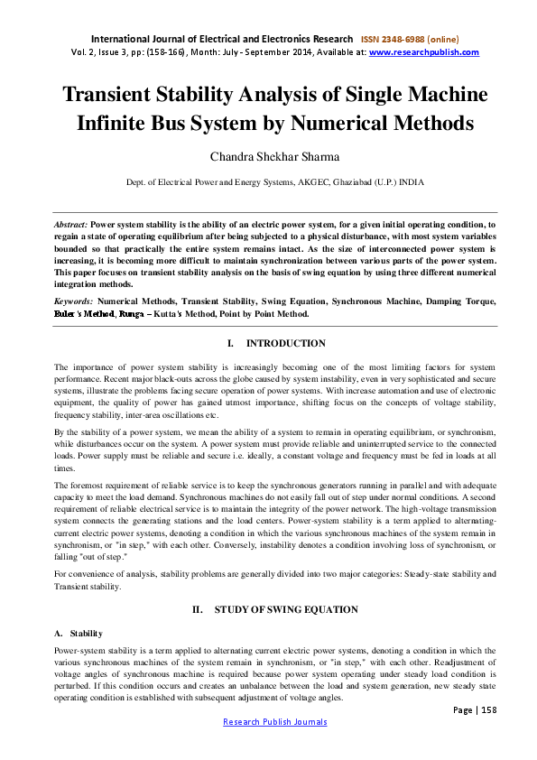 (PDF) Transient Stability Analysis of Single Machine Infinite Bus System by Numerical Methods