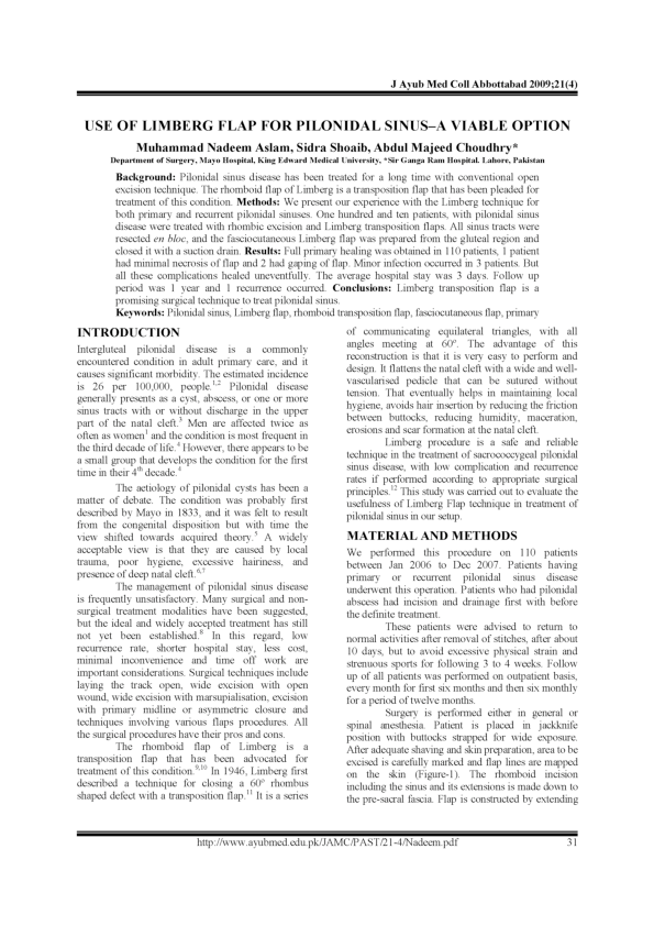 (PDF) USE OF LIMBERG FLAP FOR PILONIDAL SINUS-A VIABLE OPTION