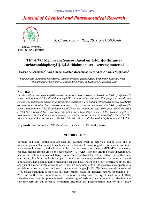 Tb3+-PVC Membrane Sensor Based on 1,4-bis[o-(furan-2- carboxamidophenyl ...