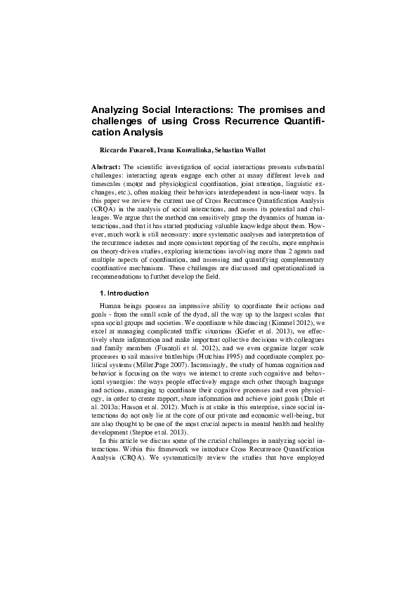 Pdf Analyzing Social Interactions The Promises And Challenges Of Using Cross Recurrence