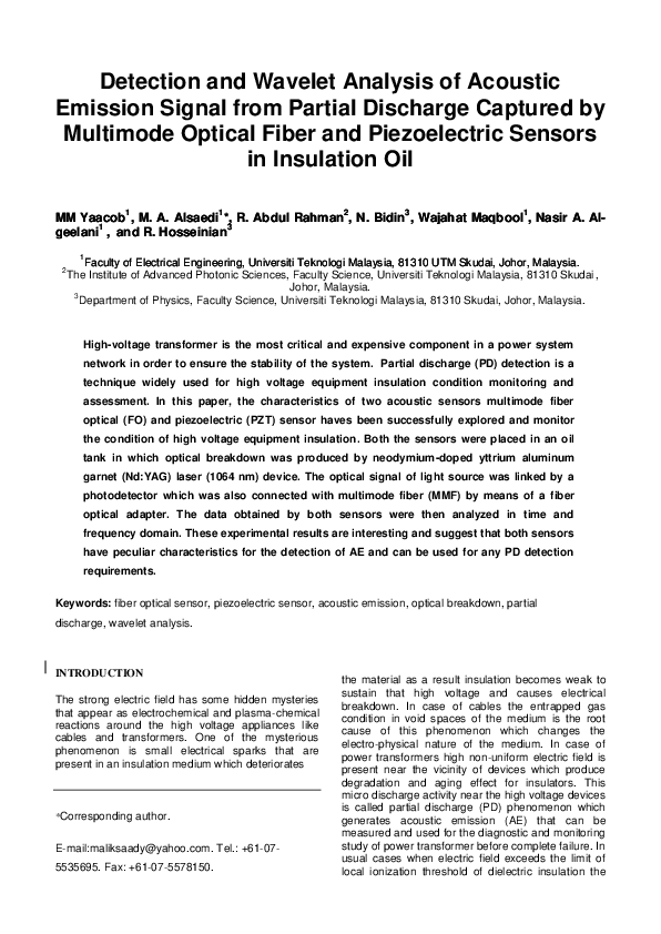 Pdf Detection And Wavelet Analysis Of Acoustic Emission Signal From Partial Discharge Captured