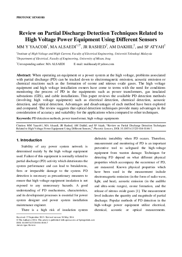 (PDF) Review on Partial Discharge Detection Techniques Related to High Voltage Power Equipment ...