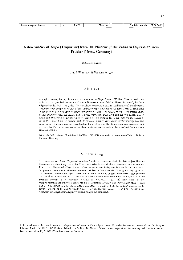 (PDF) A new species of Trapa (Trapaceae) from the Pliocene of the ...