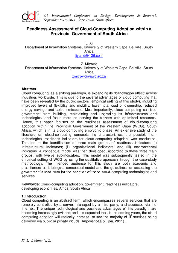 (PDF) Readiness Assessment of Cloud-Computing Adoption within a Provincial Government of South ...
