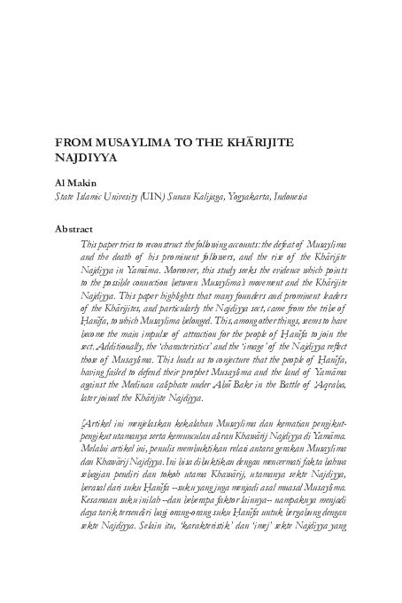 (PDF) FROM MUSAYLIMA TO THE KHARIJITE NAJDIYYA