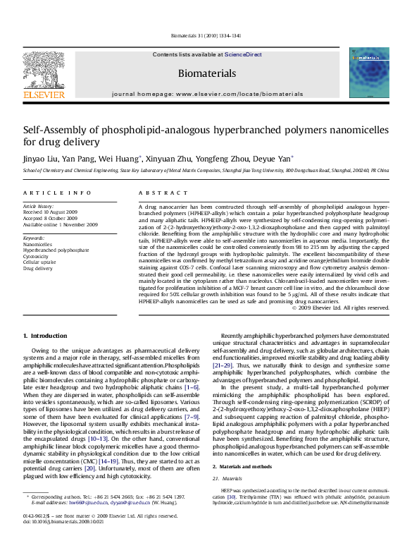 (PDF) Self-Assembly of phospholipid-analogous hyperbranched polymers nanomicelles for drug delivery