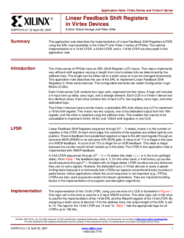 (PDF) Linear feedback shift registers in virtex devices