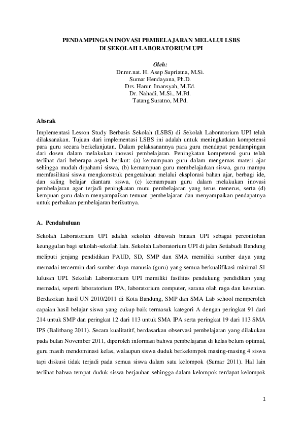 (PDF) PENDAMPINGAN INOVASI PEMBELAJARAN MELALUI LSBS DI SEKOLAH LABORATORIUM UPI