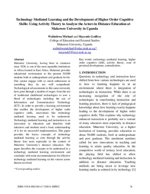 (PDF) Technology Mediated Learning and the Development of Higher Order Cognitive Skills: Using ...