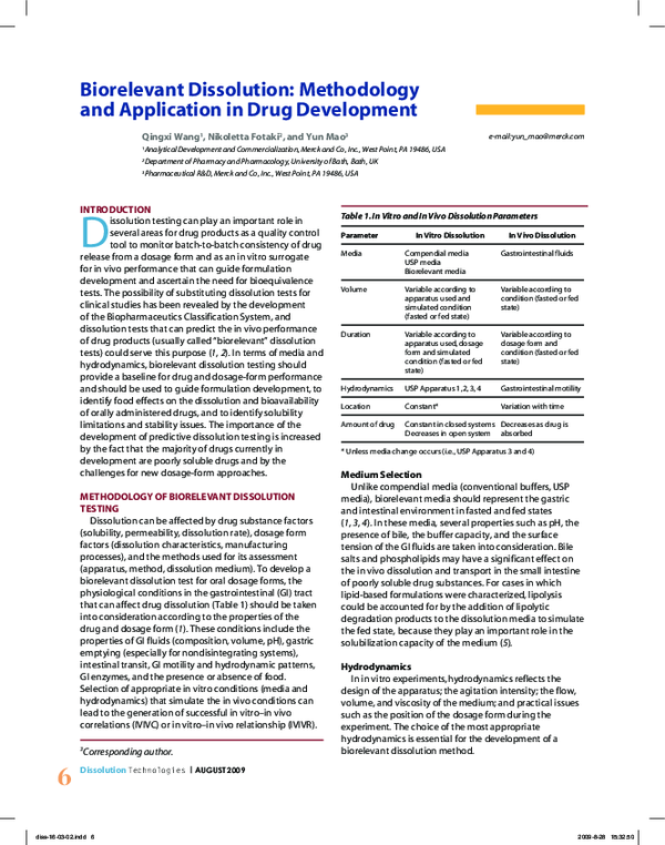 Pdf Biorelevant Dissolution Methodology And Application In Drug Development