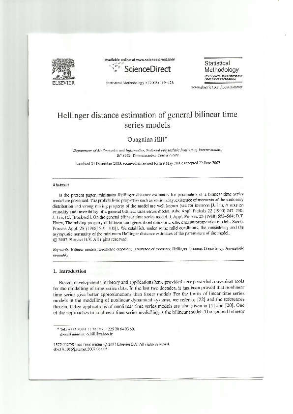 (PDF) Hellinger distance estimation of general bilinear time series models