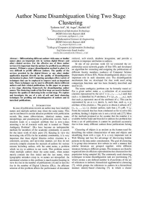 (PDF) Author Name Disambiguation Using Two Stage Clustering