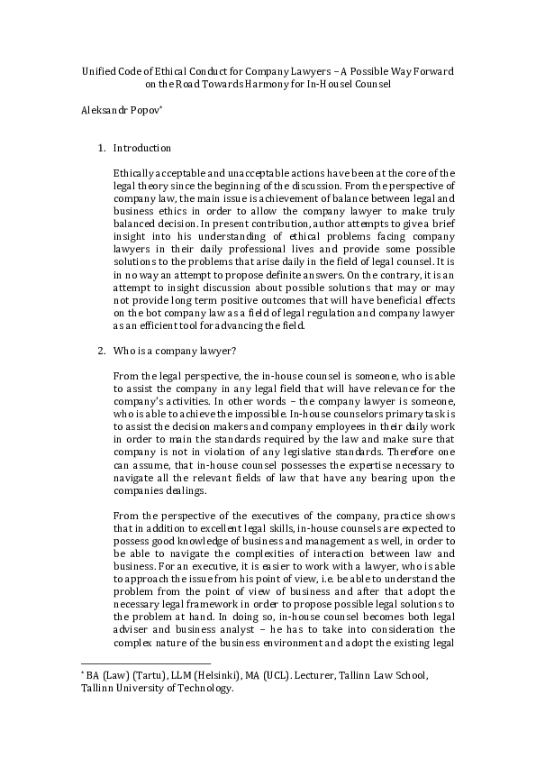 (DOC) Unified Code of Ethical Conduct for Company Lawyers – A Possible ...