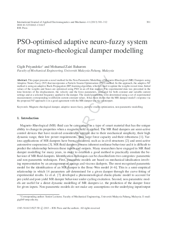 (PDF) PSO-optimised adaptive neuro-fuzzy system for magneto-rheological damper modelling