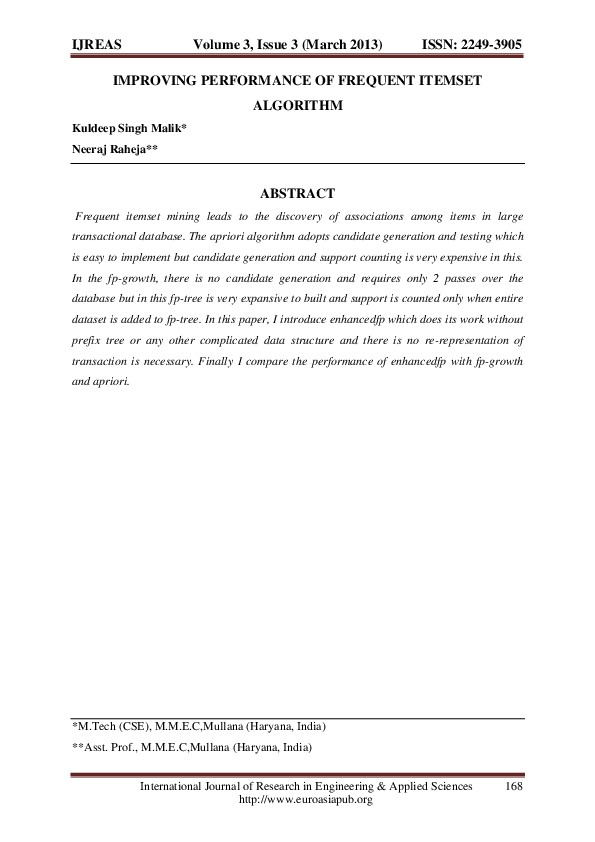 Pdf 1 Improving Performance Of Frequent Itemset Algorithm