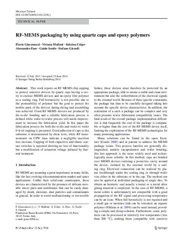 (PDF) 3 RF‑MEMS packaging by using quartz caps and epoxy polymers