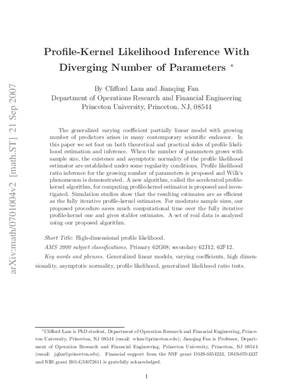 Pdf Profile Kernel Likelihood Inference With Diverging Number Of Parameters