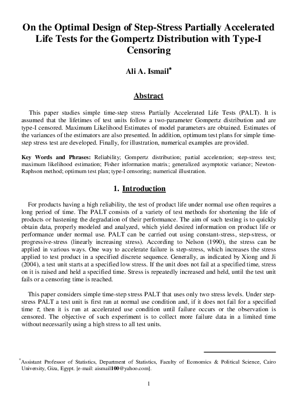 Pdf On The Optimal Design Of Stepstress Partially Accelerated Life Tests For The Gompertz