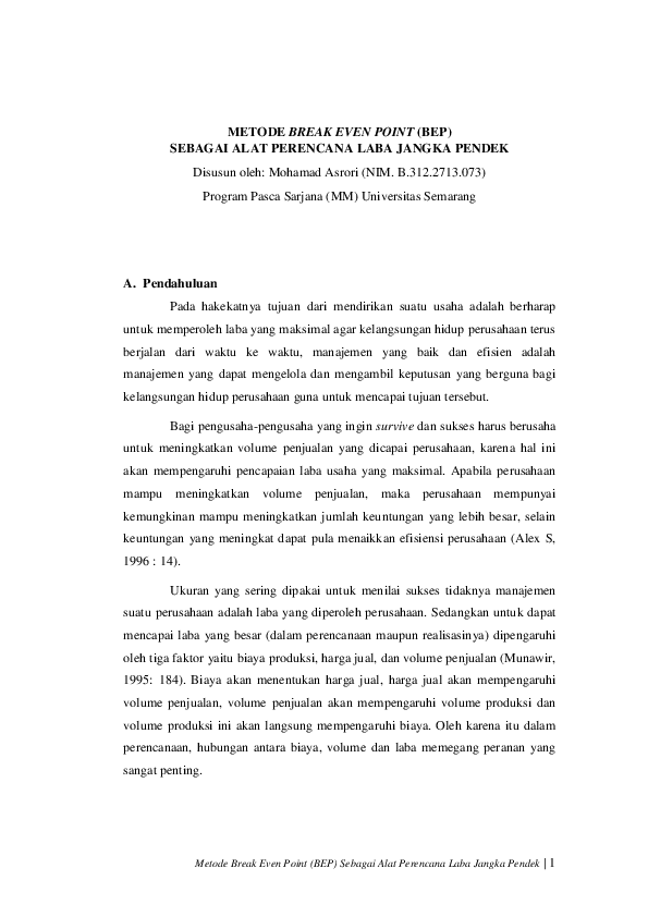 (PDF) Metode Break Even Point (BEP
