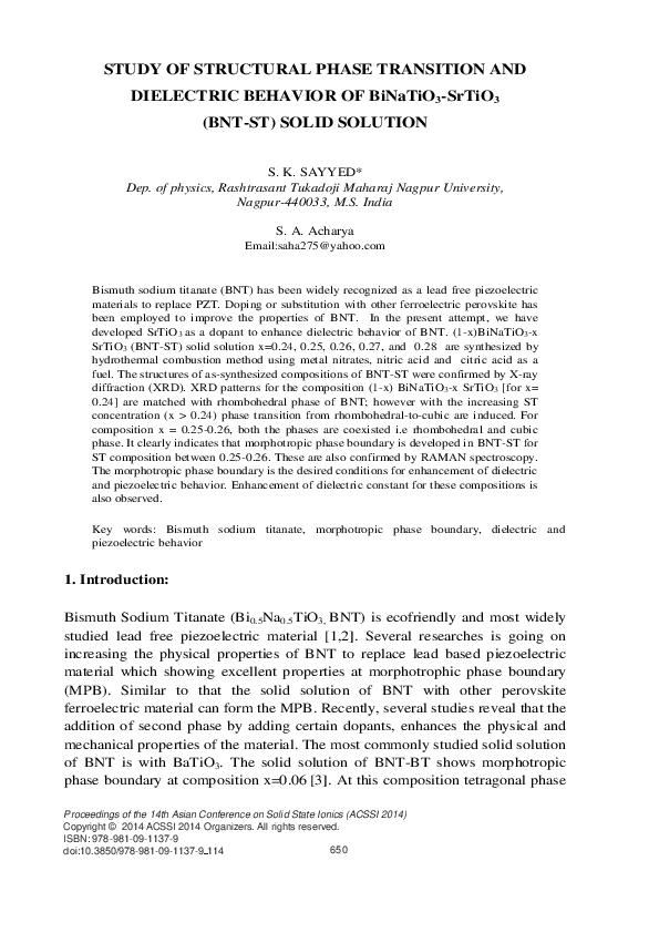 (PDF) STUDY OF STRUCTURAL PHASE TRANSITION AND DIELECTRIC BEHAVIOR OF BiNaTiO3-SrTiO3 (BNT-ST ...