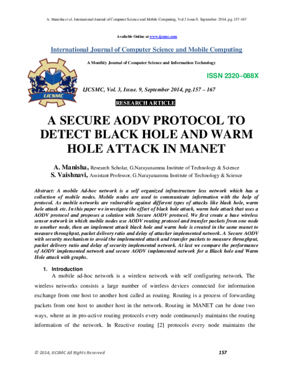 Pdf A Secure Aodv Protocol To Detect Black Hole And Warm Hole Attack In Manet
