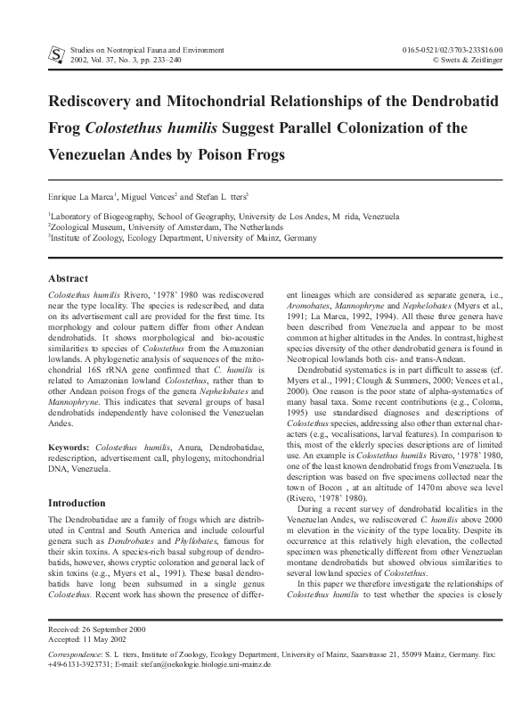 (PDF) Rediscovery and mitochondrial relationships of the dendrobatid ...