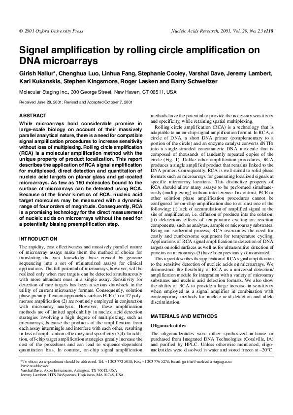 (PDF) Signal amplification by rolling circle amplification on DNA microarrays