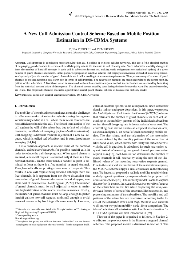 (PDF) A New Call Admission Control Scheme Based on Mobile Position Estimation in DS-CDMA Systems