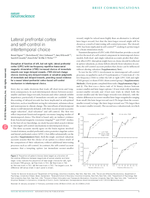 (PDF) Lateral prefrontal cortex and self-control in intertemporal choice
