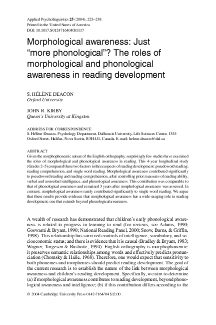 (PDF) Morphological awareness: Just more phonological ? The roles of ...