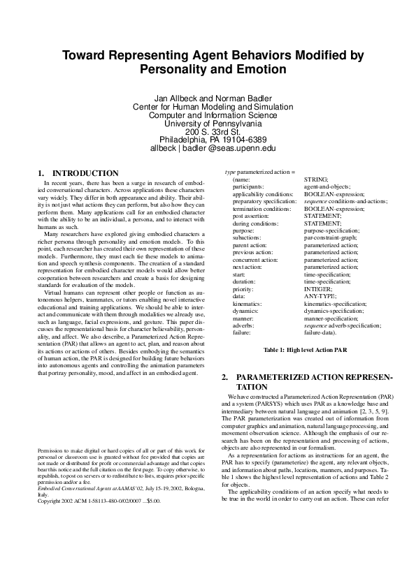 (PDF) Toward representing agent behaviors modified by personality and emotion