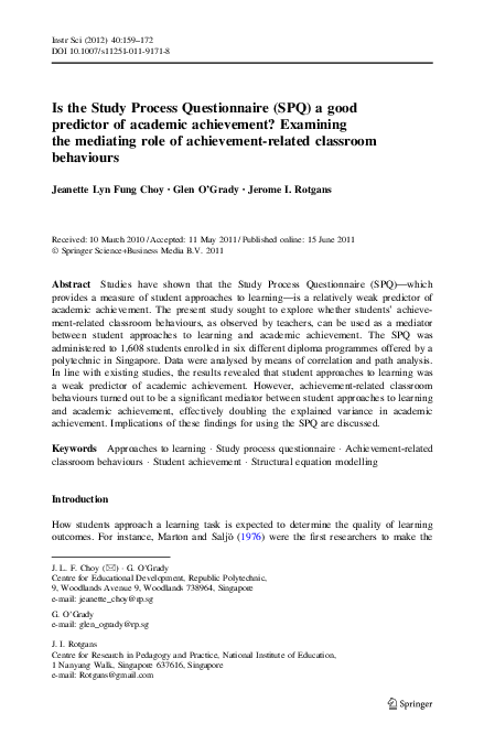 (PDF) Is the Study Process Questionnaire (SPQ) a good predictor of ...