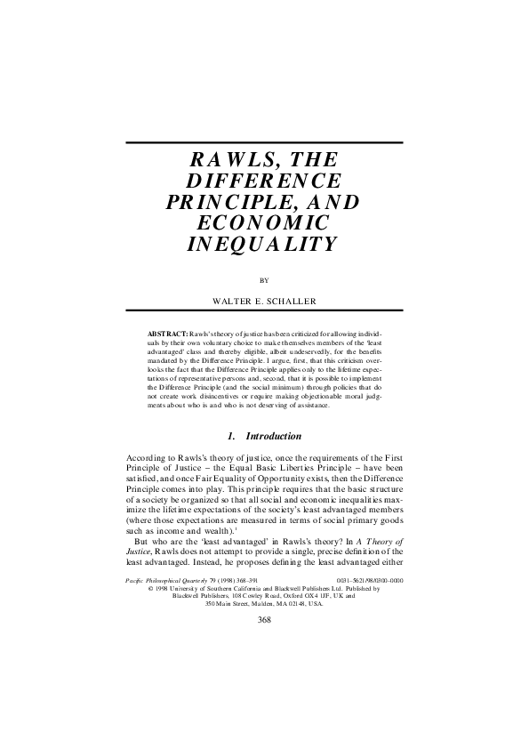 Rawls, the Difference Principle, and Economic Inequality