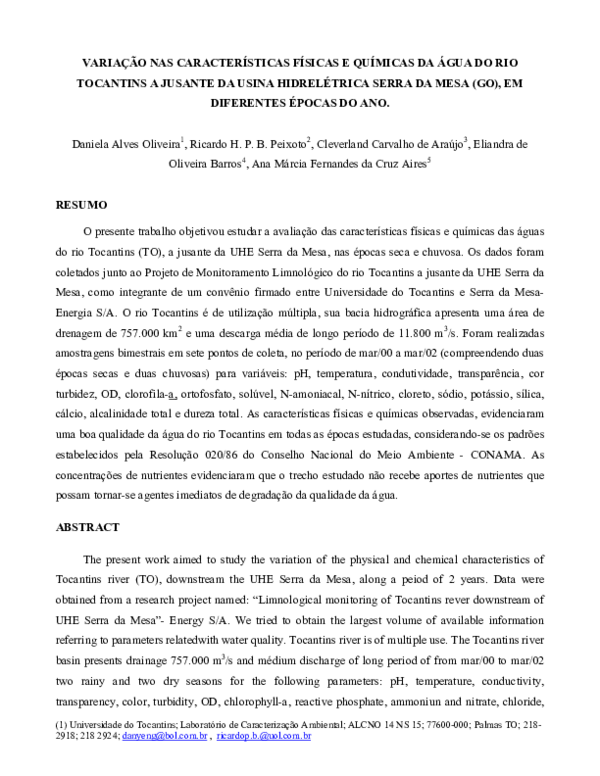 (PDF) VARIAÇÃO NAS CARACTERÍSTICAS FÍSICAS E QUÍMICAS DA ÁGUA DO RIO ...