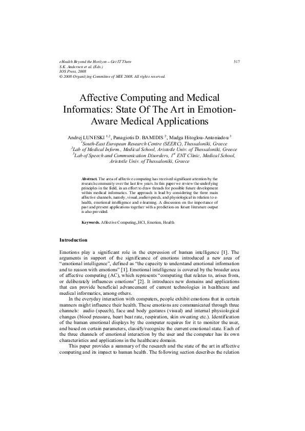 (PDF) Affective Computing and Medical Informatics: State Of The Art in Emotion-Aware Medical ...