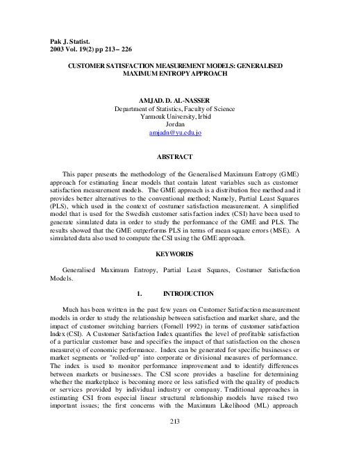 (PDF) Customer satisfaction measurement models: Generalized maximum entropy approach