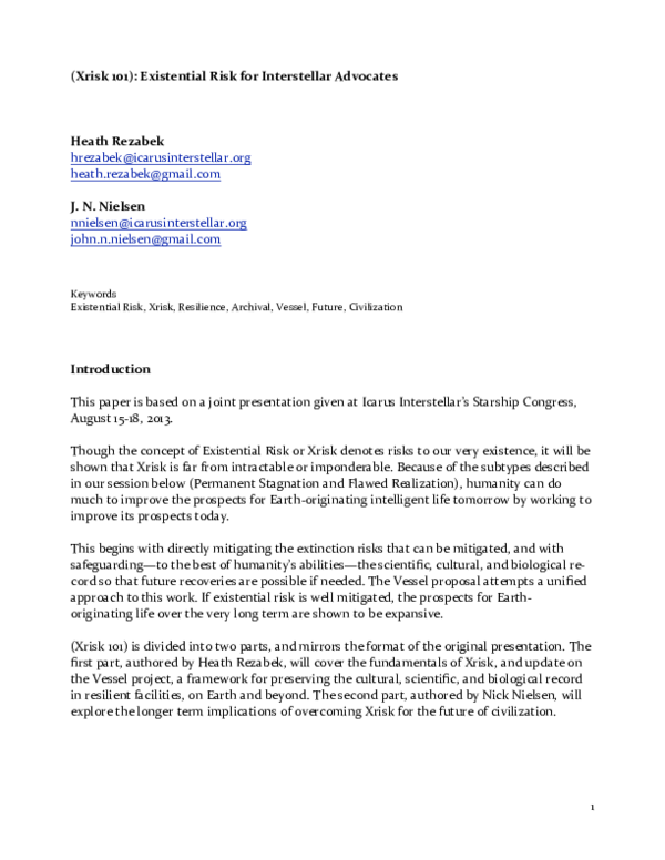 (Xrisk 101): Existential Risk for Interstellar Advocates