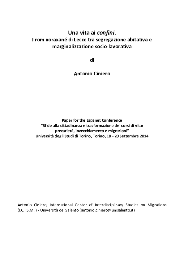 (PDF) Una vita ai confini. I rom xoraxané di Lecce tra segregazione ...