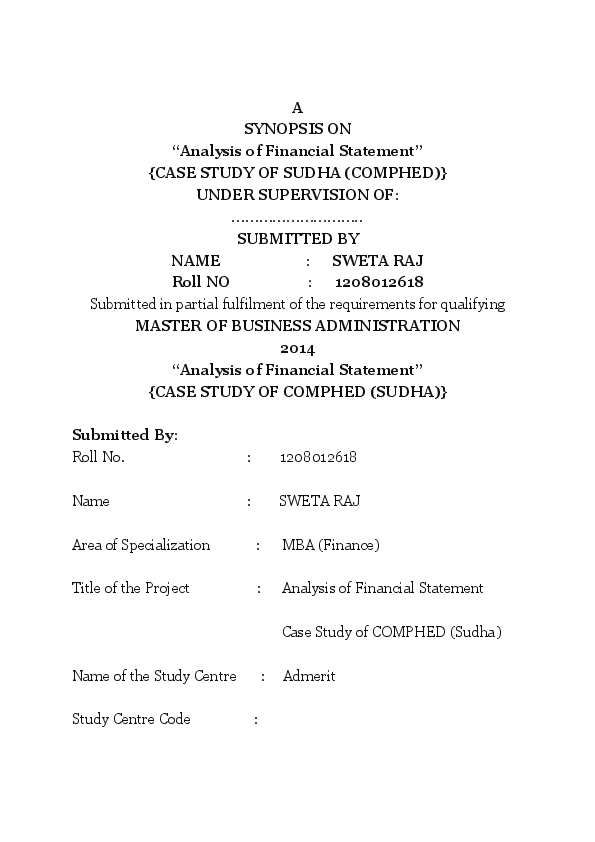 (DOC) synopsis report on Analysing financial performance of sudha dairy ...