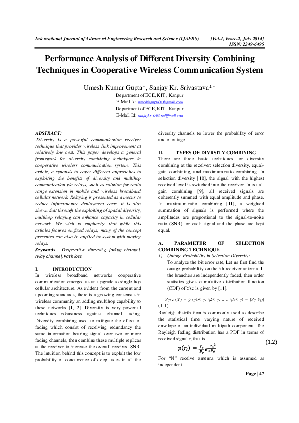 Pdf Performance Analysis Of Different Diversity Combining Techniques In Cooperative Wireless