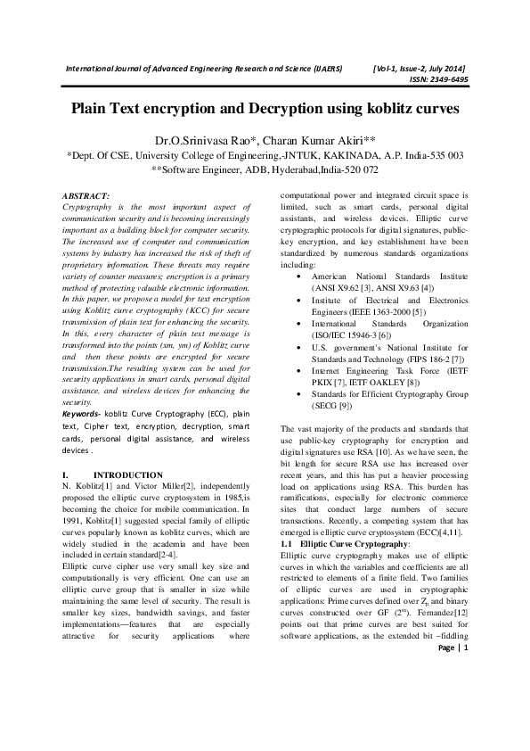 (PDF) Plain Text encryption and Decryption using koblitz curves